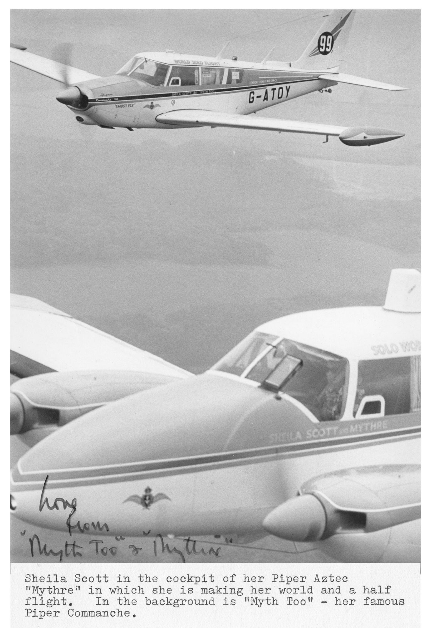 Autographed Photos of Sheila Scott and her planes Mythre and Myth Too